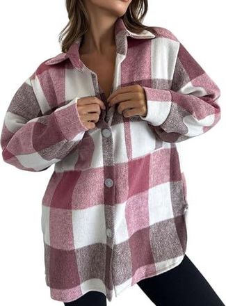 Generic Vestes &agrave; carreaux pour femmes 2026 &agrave; manches longues en flanelle &agrave; revers boutonn&eacute;e veste manteaux, Rouge, L