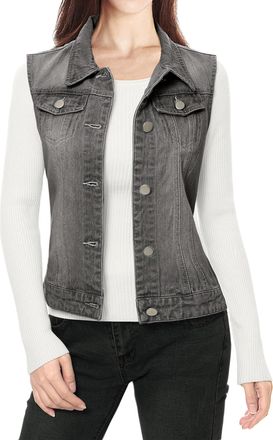 Allegra K Damen Jeansweste &Auml;rmellos Knopfleiste Denim Rever Jacke Westen mit Taschen Graus XL