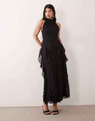 Lace & Beads robe longue en mousseline &agrave; col montant, dos nu et &agrave; volants, noire