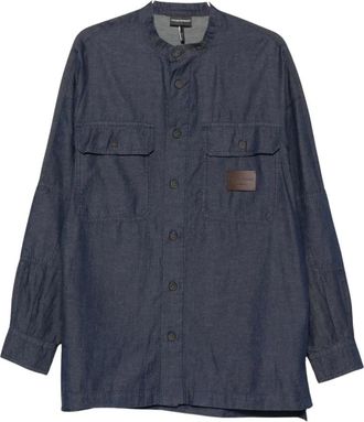 Emporio Armani Homme, Chemises, Bleu, Taille: XL Camicia in chambray Collo alla coreana Tasche