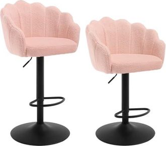 Woltu Tabourets Bar, Lot de 2, Chaise Haute Bar, Réglable en Hauteur, Dossier en Forme de Pétale, Assise Pivotante en Velours Teddy, avec Repose-Pieds et Ca