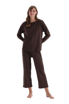 Dagi Womens Dark Brown Boat Collar Basic Regular Fit T-Shirt & Trousers Pyjama Set, Dark Brown,L