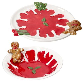 MamboCat 2tlg Set Weihnachtsstern I Geb&auml;ckteller & Geb&auml;ckschale 400ml aus Steingut I Wei&szlig;-Rot mit Lebkuchenfigur & Stechpalmen-Dekor I Weihnachten, Nikolaus & 