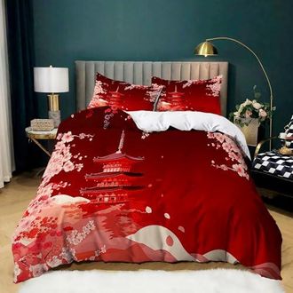 Generic Rouge Housse de Couette 240x260 cm avec 2 Taies doreiller 65x65 cm - Fleurs darchitecture Japonaise Parure de Lit - Ensembles de Housses de Couette en