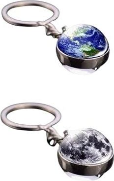 Generico Boule Porte-cl&eacute;s Terre et Lune (2 pi&egrave;ces) Couleur Argent Double Face Lumineux Syst&egrave;me Solaire Horoscope Magie Astri Constellation Gadget Accessoires S