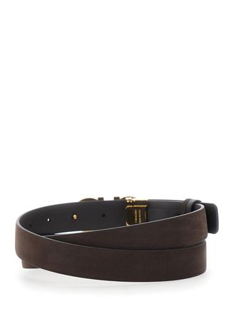 Ferragamo Womens Belt With Gancini Buckle Dark Brown Suede Calf Leather