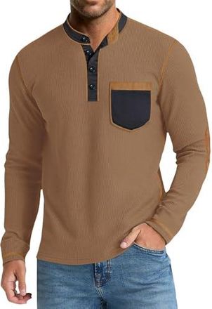 Generic Henley Chemises pour homme avec poche - T-shirt gaufr&eacute; &agrave; col montant - T-shirt &agrave; manches longues - T-shirt de golf d&eacute;contract&eacute; et respirant - Coupe dr