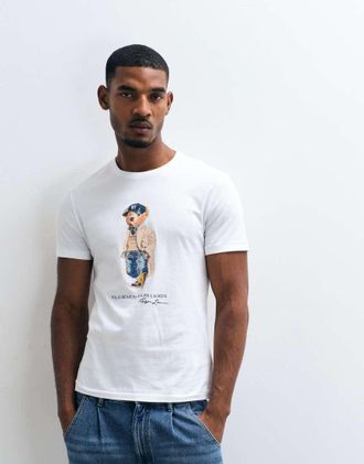 Polo Ralph Lauren T-Shirt aus Strick mit B&auml;renprint, Custom Slim Fit, in Wei&szlig;