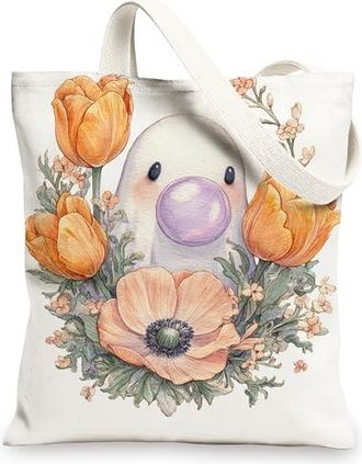Generic Sacs fourre-tout en toile florale, sacs à provisions réutilisables, sacs à provisions réutilisables en toile légère et lavable, blanc, 13x15 Inch