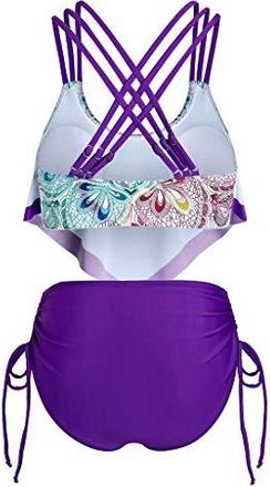 Generic 2026 - Robe boh&egrave;me pour femme - Maillot de bain rembourr&eacute; &agrave; volants crois&eacute;s - Imprim&eacute; push-up - Tankinis, violet, XXL