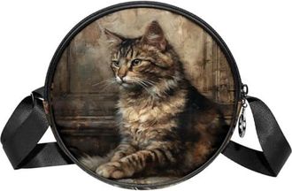 Generic Sac &agrave; bandouli&egrave;re rond pour femme, motif chat vintage, petit sac &agrave; bandouli&egrave;re avec fermeture &eacute;clair, bretelles r&eacute;glables, sac &agrave; main rond d&eacute;contract&eacute;