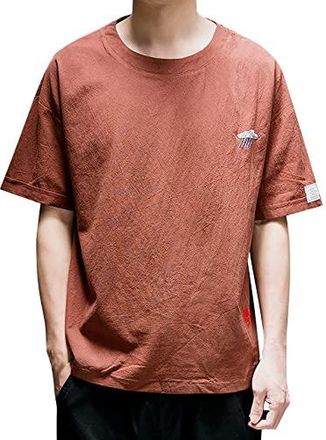 Generic Chemise en lin &agrave; manches courtes pour homme - En coton l&eacute;ger - Polo pour homme - Coupe ajust&eacute;e - Blanc - Pull &agrave; col rond - Polo coupe ajust&eacute;e, caf&eacute;, 4