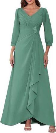 Generic Robe de mère de la mariée en mousseline de soie plissée à manches 3/4 pour femme, Eucalyptus, 52 Grande taille