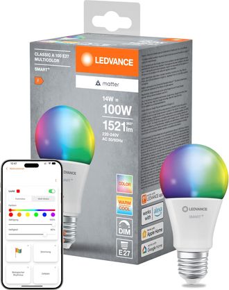 Ledvance Ledvance SMART+ MATTER LED-Lampe, weiße Frost-Optik, 14W, 1521lm, klassische Glühlampenform mit E27, Farblicht und Weißlicht, App- oder Sprachsteuerun