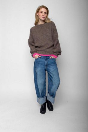 Emily van den Bergh Strickpullover FLUFFY PULLOVER MIT NEON-GELBEM RINGEL