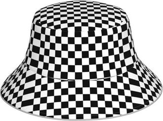 Generic Chapeau De Seau Unisexe Image en Damier Noir Et Blanc Dr&ocirc;le Seau Chapeau &Agrave; Large Bord Pliable Bonnet Soleil, pour Plage, La Randonn&eacute;e, De P&ecirc;che, 56-58