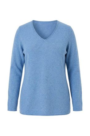 Ulla Popken Strickpullover Merino-Pullover Rollkanten V-Ausschnitt Langarm