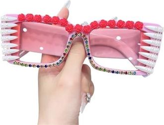 Generic Lunettes de soleil carrées cloutées de diamants pour femme avec décorations exagérées pour le style urbain, rose, Taille unique