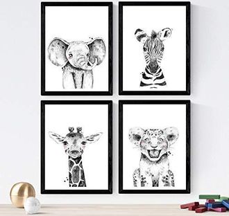 Nacnic Lot de 4 feuilles illustr&eacute;es dAnimaux pour enfants noir et blanc, au format A4, papier affiche 250 gr sans cadre