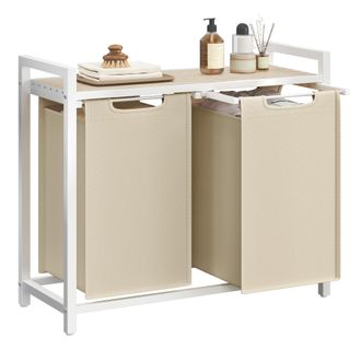 Vasagle W&auml;schekorb 2 F&auml;cher, W&auml;schesammler mit Ablage, W&auml;schebox, W&auml;schesack aus Oxford-Gewebe abnehmbar, Metallrahmen, 2 x 46 L, 73 x 33 x 72 cm, cappuccinob
