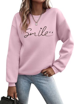 Minetom Pullover Damen Herbst Winter Sweatshirt Rundhals Langarm Pulli Frauen Oberteil Sweatshirts ohne Kapuze B Rosa XXL