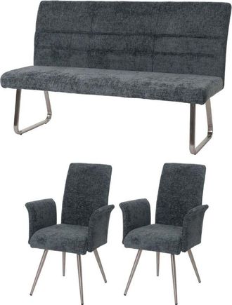 Hhg Esszimmer-Set HHG-219, 2er-Set Stuhl mit Armlehne+Sitzbank 160cm, Edelstahl geb&uuml;rstet Stoff/Textil Chenille blau-gr&uuml;n