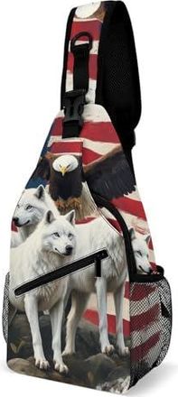 Generic Sacoche Tactique Drapeau am&eacute;ricain Loups et Loup Casual Sac Bandouli&egrave;re L&eacute;ger Crossbody Bag pour Camping Randonn&eacute;e Femme