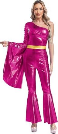 dPois Femme Combinaison Disco Brillante Annee 70 80 Danse Metallique Combi Pantalon Evase Clubwear S-3XL Rose vif L