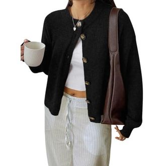 Generic Cardigan tricot&eacute; en cachemire, chandails en tricot cachemire vintage pour femmes, cardigan court boutonn&eacute; sur le devant, pull doux &agrave; col rond, Noir, X