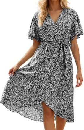 Generic Robe boh&egrave;me 2026 pour femme, robe fluide &agrave; imprim&eacute; fluide avec encolure asym&eacute;trique et ceinture nou&eacute;e &agrave; la taille, longueur mi-longue, d&eacute;contract&eacute;e, N
