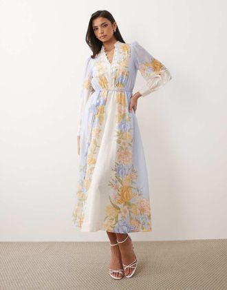 Forever New Wadenlanges Hemdblusenkleid in Leinenoptik mit Ballon&auml;rmeln, G&uuml;rteldetail und Blumenmuster in Blau und Cremewei&szlig;