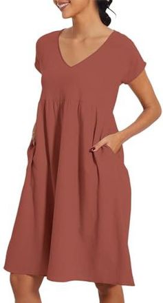 Generic Oyuchga Robe d&eacute;t&eacute; pour femme - Grandes tailles - En lin et coton - &Eacute;l&eacute;gante - Couleur unie - Manches courtes - D&eacute;contract&eacute;e - Col en V - Col rond - Ro