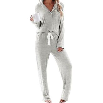 Generic Ensemble de pyjama 2 pi&egrave;ces &agrave; manches longues boutonn&eacute;es pour femme, col crant&eacute;, v&ecirc;tements de nuit, v&ecirc;tements de nuit doux, gris, 3XL