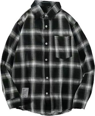 Generic Chemise &agrave; carreaux &agrave; manches longues pour homme, coupe r&eacute;guli&egrave;re, chemise &agrave; carreaux en coton, grande taille, beau chemisier d&eacute;contract&eacute;, chemise d&eacute;co