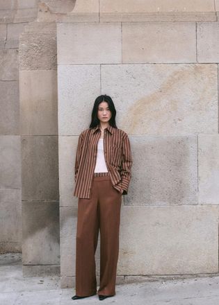 Mango Pantalon en lyocell taille combin&eacute;e &agrave; rayures marron - Femme - 34 - MANGO