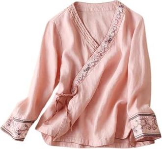 Generic Chemisier ample en lin pour femme - Tunique florale brod&eacute;e - Style boh&egrave;me - 2025 - Style hippie &agrave; volants sur le devant - Pour femmes &acirc;g&eacute;es - Printemp