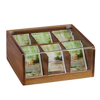 Relaxdays Teebox Holz, 6 Fächer, 90 Teebeutel, Teedose mit Klappdeckel, Aromaschutz, HxBxT 9,5 x 22 x 20,5 cm, natur, Dunkelbraun, Transparent