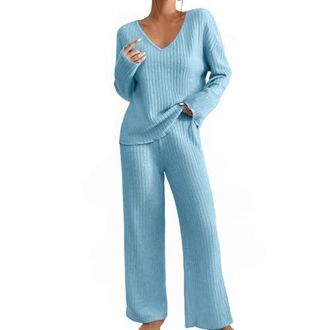 Generic Ensemble Femme Chic et Elegant Pyjama &agrave; Manches Longue 2 Pi&egrave;ces Pantalon &agrave; Taille &Eacute;lastique Haut Tricot V&ecirc;tement de Nuit Doux V&ecirc;tement dInt&eacute;rieur Slee