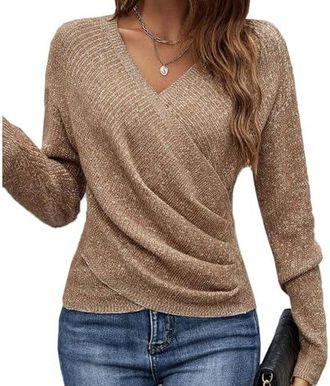 Generic Élégant pull en tricot décontracté pour femme, pull chaud à manches longues pour le printemps et lautomne, pull croisé à col en V, marron, XL-XXL