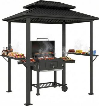 OUTSUNNY Abri barbecue ext&eacute;rieur - Outsunny - double toit 2 &eacute;tag&egrave;res lat&eacute;rales crochets - aluminium - 231x165x246cm - noir