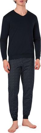 CALIDA Herren Pyjama blau Jersey-Baumwolle Gemustert