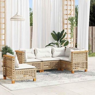 vidaXL 5-tlg. Garten-Sofagarnitur mit Kissen Beige Poly Rattan - Vidaxl