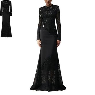 Generic Robe de soir&eacute;e &eacute;l&eacute;gante pour femme, col rond, brod&eacute;e, coupe ajust&eacute;e, style sir&egrave;ne, robe moulante, Noir, XL