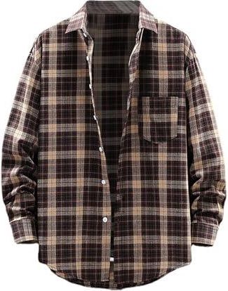 Generic Chemise pour homme en flanelle &agrave; carreaux &agrave; manches longues Chemise d&eacute;contract&eacute;e en duvet doux avec poches Imprim&eacute; manches longues, marron, L