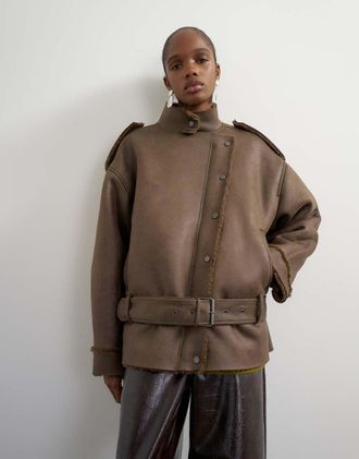 Topshop blouson style motard en peau retourn&eacute;e kaki-Vert