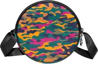 Generic Petit sac &agrave; bandouli&egrave;re rond pour femme, motif camouflage color&eacute;, avec fermeture &eacute;clair, bretelles r&eacute;glables, sac &agrave; main rond d&eacute;contract&eacute; pour femmes 