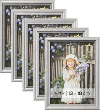 Woltu Lot de 5 Cadre Photo 13x18cm Cadre en Bois Massif avec Passe Partout, Suspendre Horizontalement ou Verticalement, Décoration Murale ou sur Table, Arge