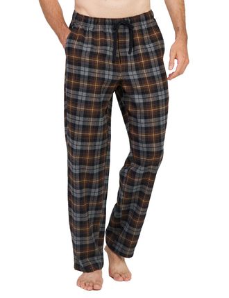 Lapasa Herren Schlafanzughose Karierte Pyjamahose, Long Relaxhose Loungehose Freizeithose M39 W&auml;rmer, Baumwollflanell: Braun + Graumeliert, XX-Large