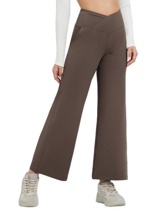 Baleaf Weite Hose Damen Yogahose mit Taschen Stoffhose Hohe Taille Jogginghose Straighthose Bauchkontrolle Schlaghose Sporthose Petite Braun 3XL