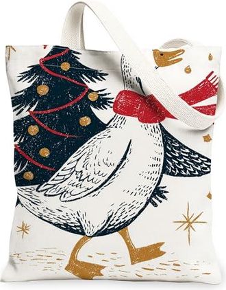 Generic Sacs fourre-tout en toile motif oiseau de No&euml;l, sacs r&eacute;utilisables, vintage, l&eacute;gers et lavables pour voyage, plage P, blanc, 13x15 Inch